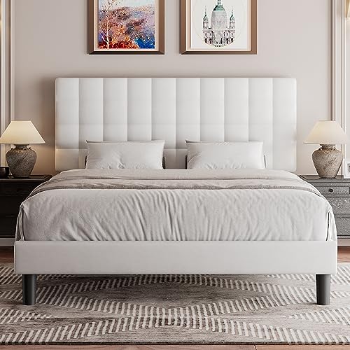 Feonase Queen Bed Frame with Square Stitched Headboard, Faux Leather Upholstered Platform Bed Frame, High-Density Sponge Filled, Solid Wood Slats, No Box Spring Needed, Noise-Free, White