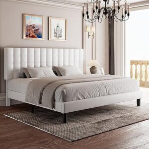 Feonase Queen Bed Frame with Square Stitched Headboard, Faux Leather Upholstered Platform Bed Frame, High-Density Sponge Filled, Solid Wood Slats, No Box Spring Needed, Noise-Free, White