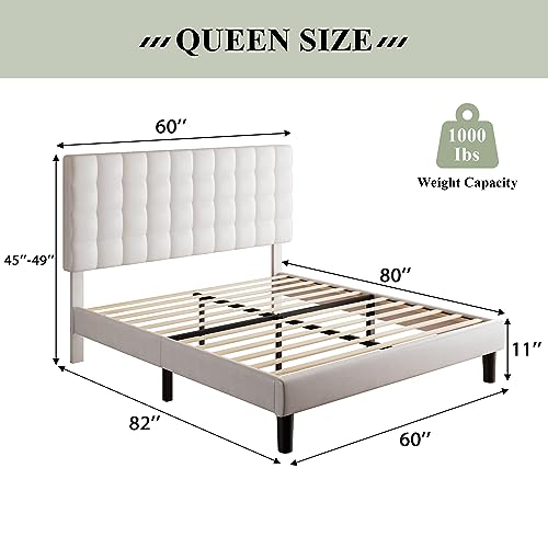 Feonase Queen Bed Frame with Square Stitched Headboard, Faux Leather Upholstered Platform Bed Frame, High-Density Sponge Filled, Solid Wood Slats, No Box Spring Needed, Noise-Free, White