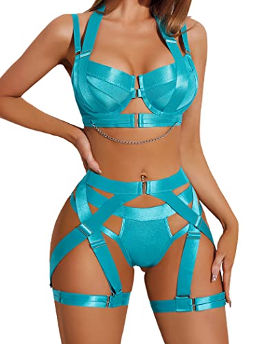 Avidlove Garter Set Lingerie for Women Strappy Underwire Push Up Lingerie Sexy 5 Piece Lingerie with Chain(Peacock Blue,XXL)