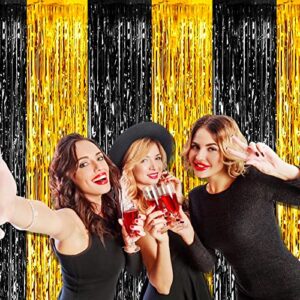 4 Pack Black Gold Foil Fringe Curtain Backdrop, 3.28Ft x 6.56Ft Metallic Tinsel Foil Fringe Streamers Curtains for Photo Booth, Wedding, Graduation, Birthday, Carnival Party Decoration