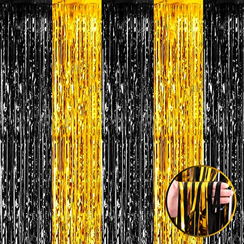 4 Pack Black Gold Foil Fringe Curtain Backdrop, 3.28Ft x 6.56Ft Metallic Tinsel Foil Fringe Streamers Curtains for Photo Booth, Wedding, Graduation, Birthday, Carnival Party Decoration