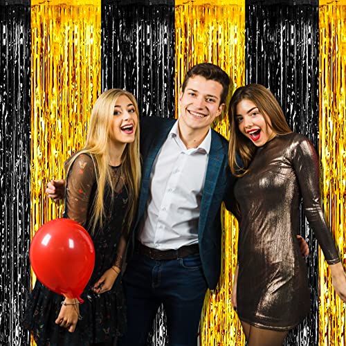 4 Pack Black Gold Foil Fringe Curtain Backdrop, 3.28Ft x 6.56Ft Metallic Tinsel Foil Fringe Streamers Curtains for Photo Booth, Wedding, Graduation, Birthday, Carnival Party Decoration