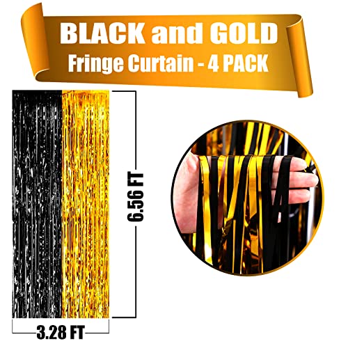 4 Pack Black Gold Foil Fringe Curtain Backdrop, 3.28Ft x 6.56Ft Metallic Tinsel Foil Fringe Streamers Curtains for Photo Booth, Wedding, Graduation, Birthday, Carnival Party Decoration