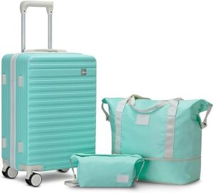 imiomo carry on luggage 20 inch airline approved hardside 3pcs set lightweight rolling travel luggagewith tsa lock， suitcase with spinner wheels (green+beige, carry-on 20-inch)