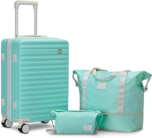 imiomo Carry On Luggage 20 Inch airline approved Hardside 3PCS Set Lightweight Rolling Travel Luggagewith TSA Lock， Suitcase with Spinner Wheels (GREEN+beige, Carry-On 20-Inch)