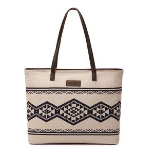 Wrangler Tote Purse Bag Aztec Canvas Shoulder Bags Native American Western Handbags for Women Genuine Leather Strap Hobo Bag WG53-8112TN