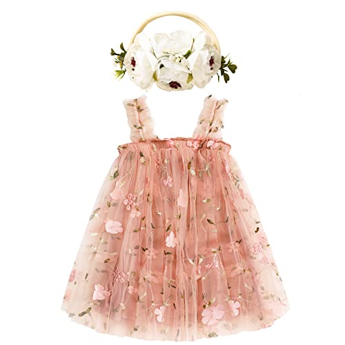 Toddler Baby Girls Tutu Dress Sleeveless Floral Print Layered Tulle Dress Little Girl Princess Dresses with Flower Headband (Pink, 6-12 M)