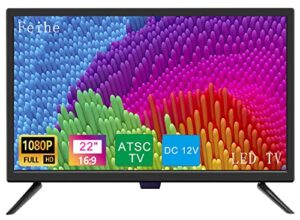 feihe 22 inch tv, fhd led flat screen tv 1920 x 1080p ips display w/digital dual tuners atsc/hdmi/vga/av/usb, 12 volt rv tv built in dual speakers suitable for kitchen/rv/caravan and boat