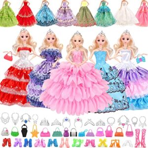 48 pcs doll clothes outfit for doll, 11.5 inch doll accessories collection with 6 princess dresses+20 shoes+10 bags+6 necklaces+6 crowns (random style) for doll loving girls birthday gifts