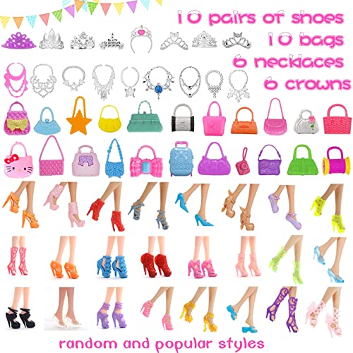 48 Pcs Doll Clothes Outfit for Doll, 11.5 Inch Doll Accessories Collection with 6 Princess Dresses+20 Shoes+10 Bags+6 Necklaces+6 Crowns (Random Style) for Doll Loving Girls Birthday Gifts