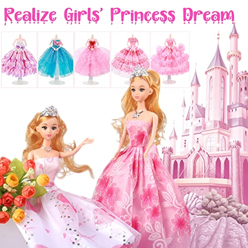 48 Pcs Doll Clothes Outfit for Doll, 11.5 Inch Doll Accessories Collection with 6 Princess Dresses+20 Shoes+10 Bags+6 Necklaces+6 Crowns (Random Style) for Doll Loving Girls Birthday Gifts