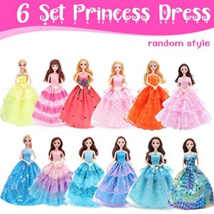 48 Pcs Doll Clothes Outfit for Doll, 11.5 Inch Doll Accessories Collection with 6 Princess Dresses+20 Shoes+10 Bags+6 Necklaces+6 Crowns (Random Style) for Doll Loving Girls Birthday Gifts