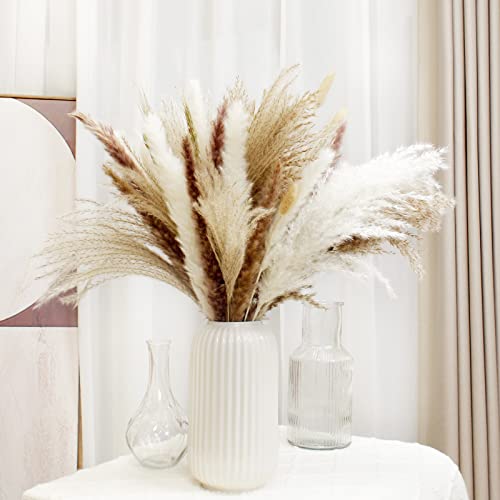 Dolicer 80 Pcs Dried Pampas Grass, 17'' Pampas Grass Decor, Natural Pampas Boho Flowers Bouquet White Pampas Grass Brown Pampas Reed Pampas Bunny Tail Boho Decor for Home Wedding Farmhouse