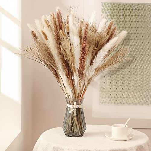 Dolicer 80 Pcs Dried Pampas Grass, 17'' Pampas Grass Decor, Natural Pampas Boho Flowers Bouquet White Pampas Grass Brown Pampas Reed Pampas Bunny Tail Boho Decor for Home Wedding Farmhouse