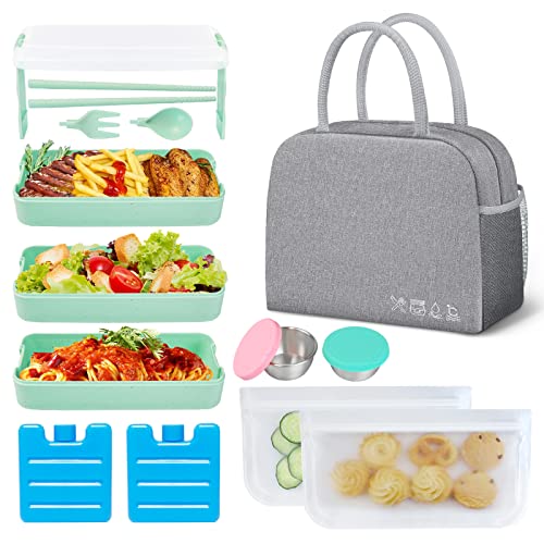 KUBYA Bento Lunch Box Set,Stackable Lunch Container Leak-Proof 3-In-1 Compartment With Ice Packs, Reusable Lunch Bag, Food Bags, Sauce Cups, Lunch Box Microwave Freezer Safe（GREY）