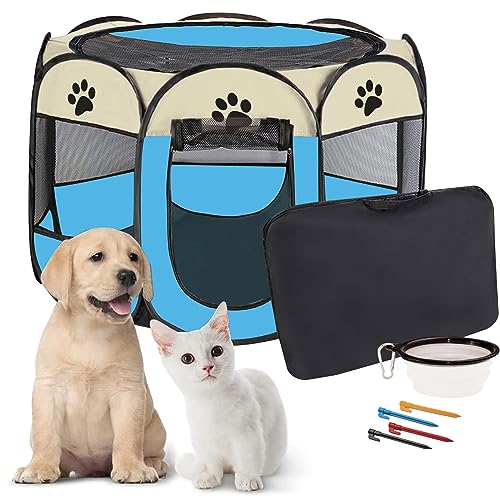 C&AHOME Dog Playpen Portable Foldable Pet Playpen with Free Carrying Case Free Travel Bowl and Free Lawn Pin, Dog Playpen Indoor Outdoor Travel Camping Use (Medium, Blue) UFPPOPFML