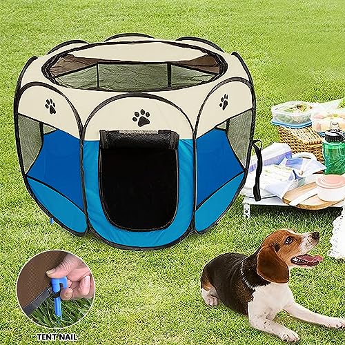 C&AHOME Dog Playpen Portable Foldable Pet Playpen with Free Carrying Case Free Travel Bowl and Free Lawn Pin, Dog Playpen Indoor Outdoor Travel Camping Use (Medium, Blue) UFPPOPFML