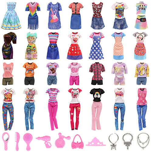 BARWA 18 Pack Doll Clothes and Accessories Including 4 Fashion Dresses 4 Sets Casual Outfits Tops and Trousers, Shorts 10 Bag Crown Necklace for 11.5 inch Girl Dolls…