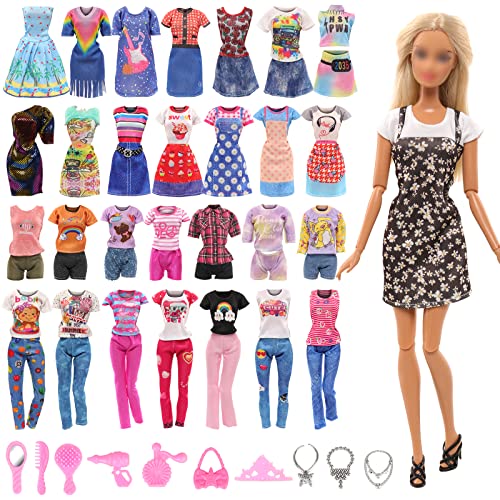 BARWA 18 Pack Doll Clothes and Accessories Including 4 Fashion Dresses 4 Sets Casual Outfits Tops and Trousers, Shorts 10 Bag Crown Necklace for 11.5 inch Girl Dolls…