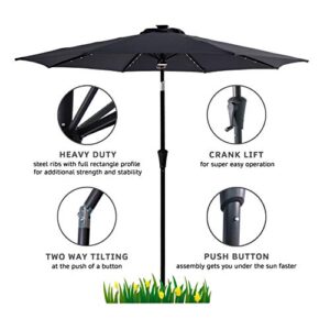 uHousDeco 9ft Solar LED Beach Patio Umbrella with Automatic Tilt System and Crank Operation, 8 Ribs Anthracite