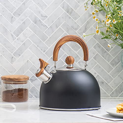 Stainless Steel Whistling Tea Kettle, 2.2 QT / 88 OZ Vintage Black Teapot with Wood Pattern Folding Handle, Stovetop Kettle for Tea, Water, Coffee, Milk, etc, Gas Electric Applicable