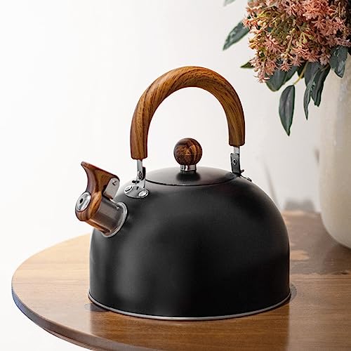 Stainless Steel Whistling Tea Kettle, 2.2 QT / 88 OZ Vintage Black Teapot with Wood Pattern Folding Handle, Stovetop Kettle for Tea, Water, Coffee, Milk, etc, Gas Electric Applicable