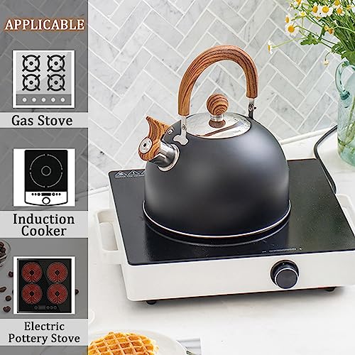 Stainless Steel Whistling Tea Kettle, 2.2 QT / 88 OZ Vintage Black Teapot with Wood Pattern Folding Handle, Stovetop Kettle for Tea, Water, Coffee, Milk, etc, Gas Electric Applicable