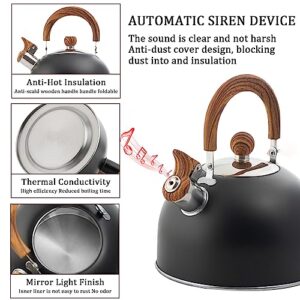 Stainless Steel Whistling Tea Kettle, 2.2 QT / 88 OZ Vintage Black Teapot with Wood Pattern Folding Handle, Stovetop Kettle for Tea, Water, Coffee, Milk, etc, Gas Electric Applicable