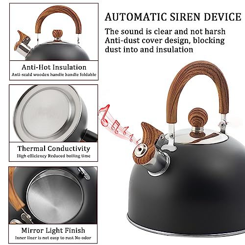 Stainless Steel Whistling Tea Kettle, 2.2 QT / 88 OZ Vintage Black Teapot with Wood Pattern Folding Handle, Stovetop Kettle for Tea, Water, Coffee, Milk, etc, Gas Electric Applicable