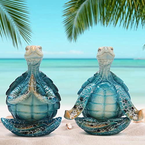 Hodao Set of 2 Sea Turtle Yoga Figurines Decorations Summer Meditating Sea Turtle Decor Spring Garden Turtle Crafts Sea Turtle for Home Office Decorations