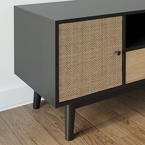 Nathan James Bonnie Modern TV Stand Entertainment Cabinet, Console with a Natural Wood Finish with Storage Doors for Living Media Room, with Drawer, Black Oak/Rattan