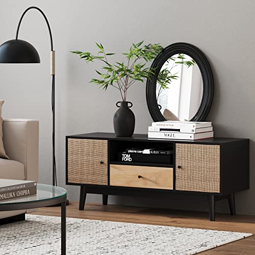 Nathan James Bonnie Modern TV Stand Entertainment Cabinet, Console with a Natural Wood Finish with Storage Doors for Living Media Room, with Drawer, Black Oak/Rattan