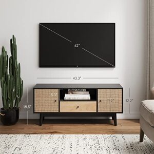 Nathan James Bonnie Modern TV Stand Entertainment Cabinet, Console with a Natural Wood Finish with Storage Doors for Living Media Room, with Drawer, Black Oak/Rattan