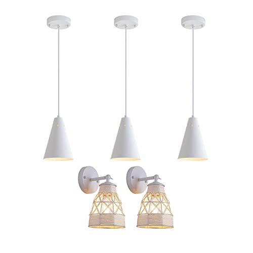 White Pendant Lights Kitchen Island 3 Pack with Metal Shade, Adjustable Cord,White Wall Sconces Set of 2, Bohemian Modern Light Fixtures, Farmhouse Hemp Rope Woven Light for Bar,Sink,Bedroom,Hallway