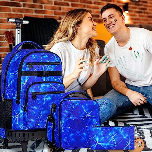 Rolling Backpack for Boys, 21 Inch Roller Wheeled Elementary Backpacks for Students School, Water Resistant Teens Bookbag Sets with Wheels - Blue