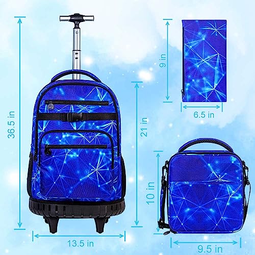 Rolling Backpack for Boys, 21 Inch Roller Wheeled Elementary Backpacks for Students School, Water Resistant Teens Bookbag Sets with Wheels - Blue