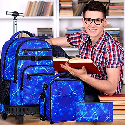 Rolling Backpack for Boys, 21 Inch Roller Wheeled Elementary Backpacks for Students School, Water Resistant Teens Bookbag Sets with Wheels - Blue