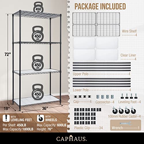 CAPHAUS NSF Commercial Grade Heavy Duty Wire Shelving w/Wheels, Leveling Feet & Liners, Storage Metal Shelf, Garage Shelving Storage, Utility Wire Rack Storage Shelves, w/Liner, 36 x 18 x 76 4-Tier