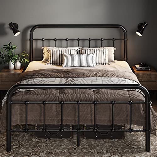 Allewie Full Size Metal Platform Bed Frame with Victorian Style Wrought Iron-Art Headboard/Footboard, No Box Spring Required，Black