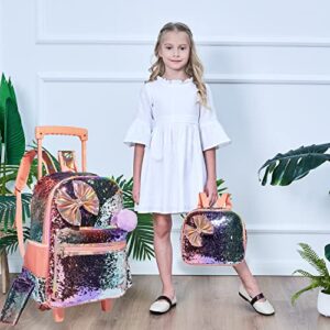 kids Rolling Kid Travel Toddler Duffle Bag Bow Tie Backpack for Girls Carry on Luggage Roller Computer Suitcase with Pencil Case and Lunch Box Wheels Wheeled Sequins Backpacks Girls Gradient Champagne