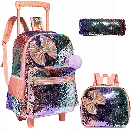 kids Rolling Kid Travel Toddler Duffle Bag Bow Tie Backpack for Girls Carry on Luggage Roller Computer Suitcase with Pencil Case and Lunch Box Wheels Wheeled Sequins Backpacks Girls Gradient Champagne