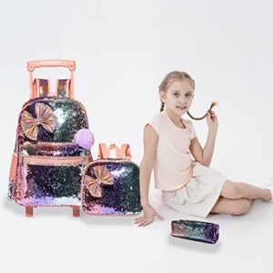 kids Rolling Kid Travel Toddler Duffle Bag Bow Tie Backpack for Girls Carry on Luggage Roller Computer Suitcase with Pencil Case and Lunch Box Wheels Wheeled Sequins Backpacks Girls Gradient Champagne