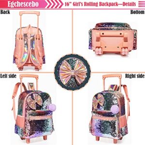 kids Rolling Kid Travel Toddler Duffle Bag Bow Tie Backpack for Girls Carry on Luggage Roller Computer Suitcase with Pencil Case and Lunch Box Wheels Wheeled Sequins Backpacks Girls Gradient Champagne