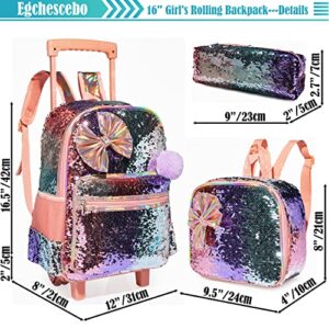 kids Rolling Kid Travel Toddler Duffle Bag Bow Tie Backpack for Girls Carry on Luggage Roller Computer Suitcase with Pencil Case and Lunch Box Wheels Wheeled Sequins Backpacks Girls Gradient Champagne