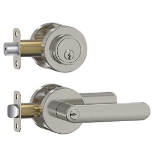 baolong entry door knob and single cylinder deadbolt lock comboset,brushed nickel round locking lever handle set reversible for right or left door