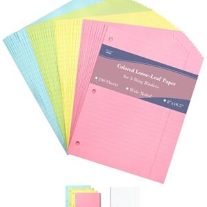 Mr. Pen- Colored Loose Leaf Paper Wide Ruled, 100 Sheets, 8” x 10.5”, 3- Hole Punched, Notebook Paper, Lined Paper, Binder Paper, Writing Paper, Filler Paper, Wide Ruled Notebook Paper