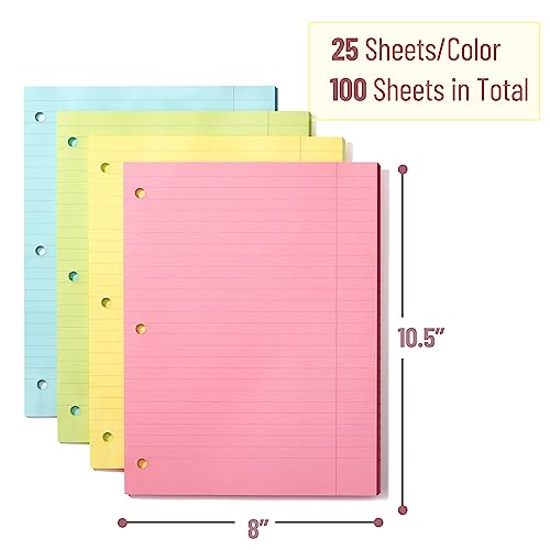 Mr. Pen- Colored Loose Leaf Paper Wide Ruled, 100 Sheets, 8” x 10.5”, 3- Hole Punched, Notebook Paper, Lined Paper, Binder Paper, Writing Paper, Filler Paper, Wide Ruled Notebook Paper