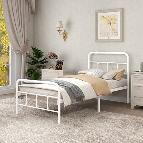 ZIRUWU Twin XL Metal Platform Bed Frame with Headboard Footboard Extra Strong Support No Box Spring Needed Noise Free Easy Assembly White