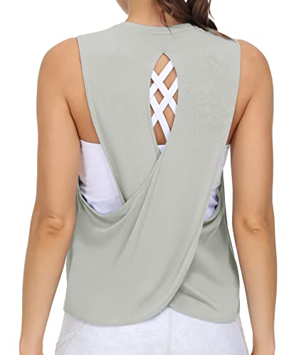 THE GYM PEOPLE Women's Open Cross Back Workout Tank Tops Loose Fit Sleeveless Yoga Running Shirts Light Grey